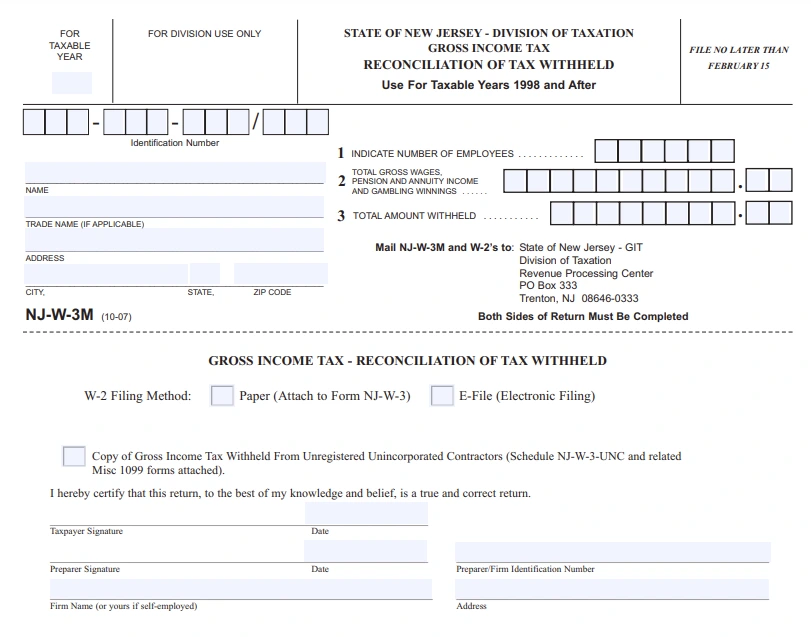 New Jersey 1099 filing Requirements 2024 | Form NJ-W-3M