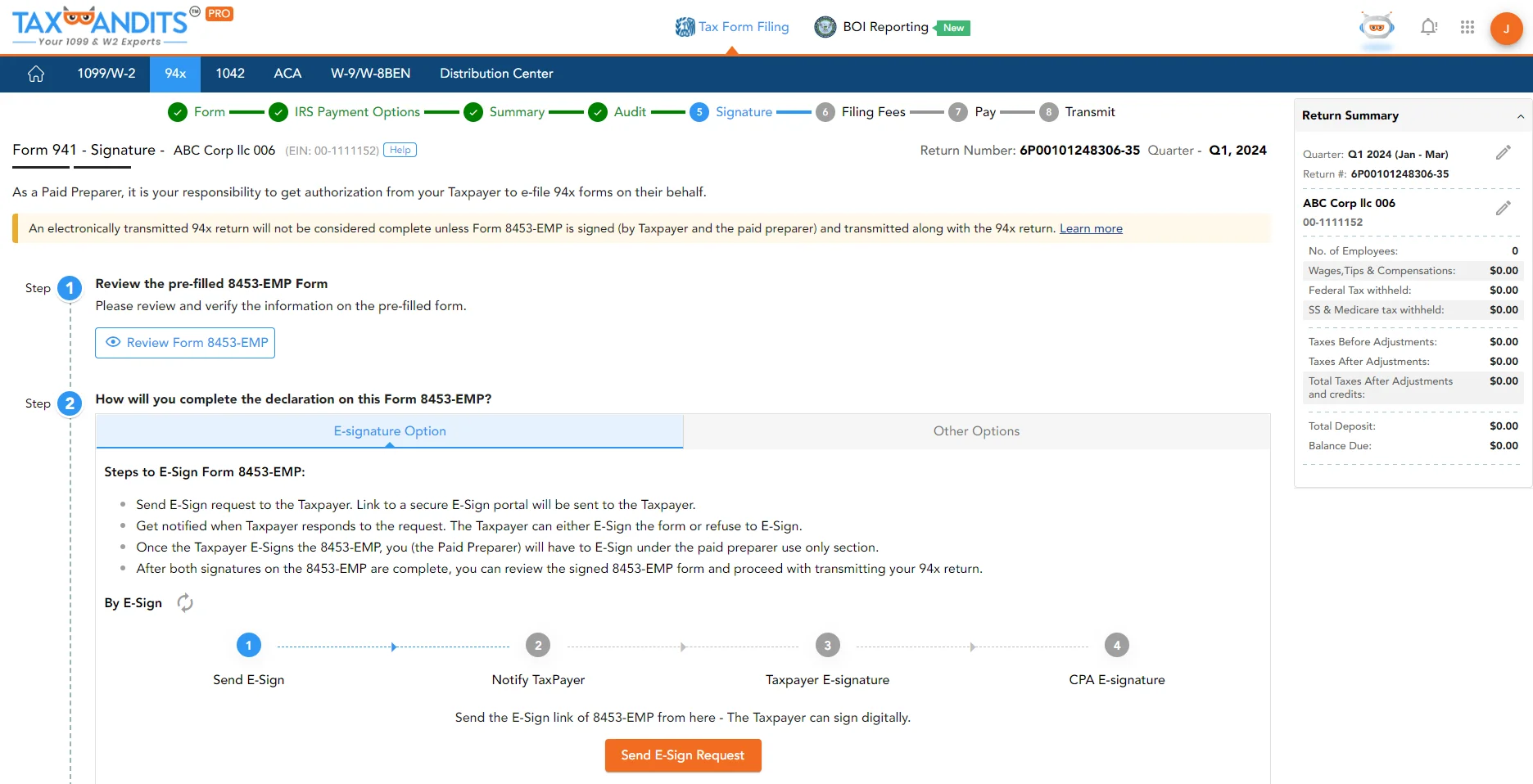 Form 8453-EMP Online | Employment Tax Declaration for E-file Return
