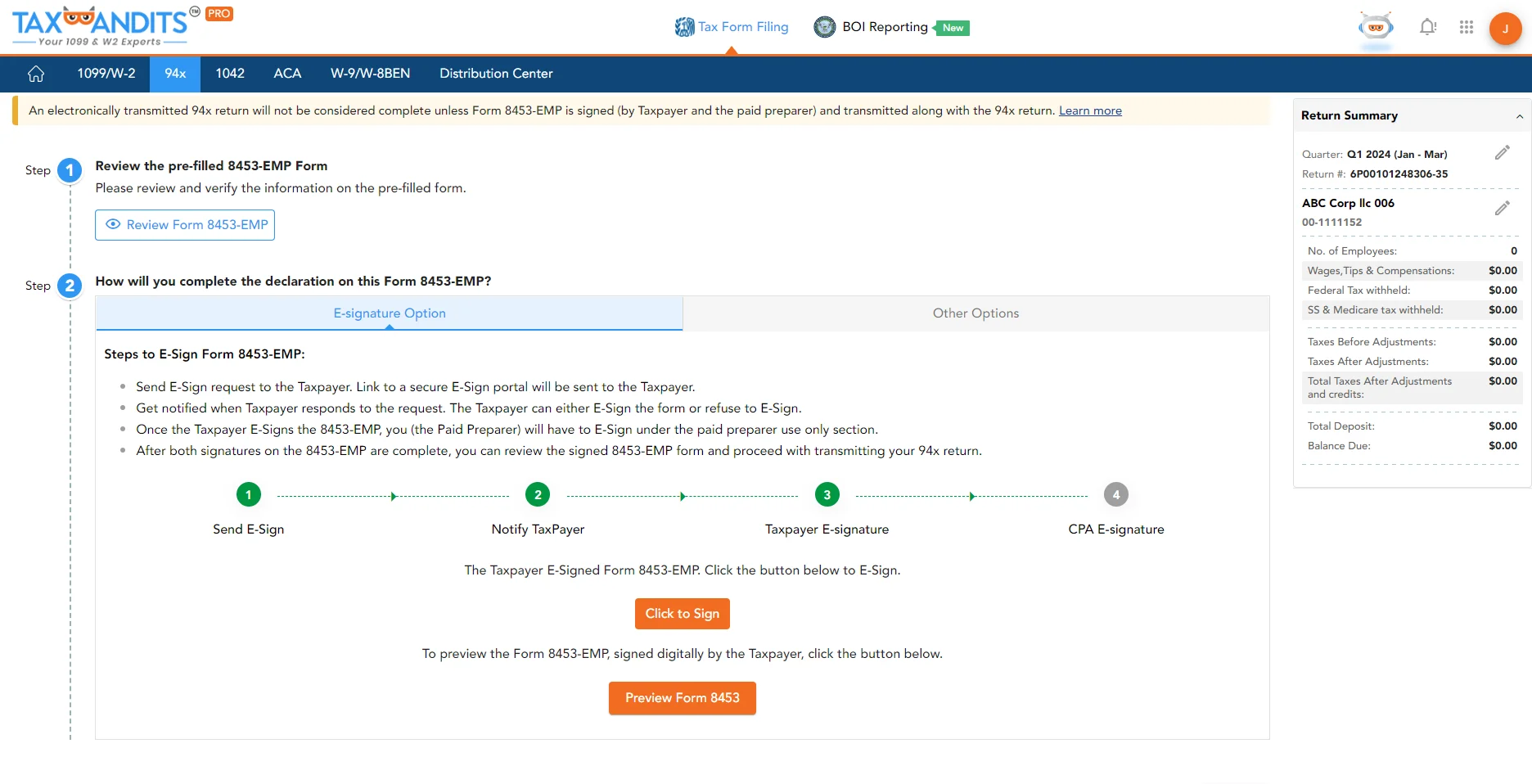 Form 8453-EMP Online | Employment Tax Declaration for E-file Return
