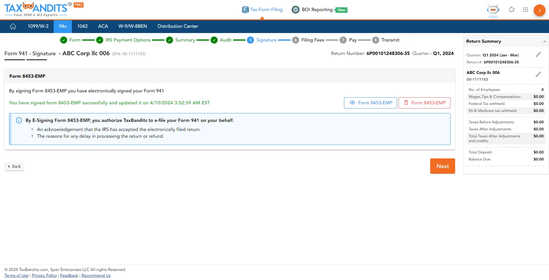 Form 8453-EMP Online | Employment Tax Declaration for E-file Return